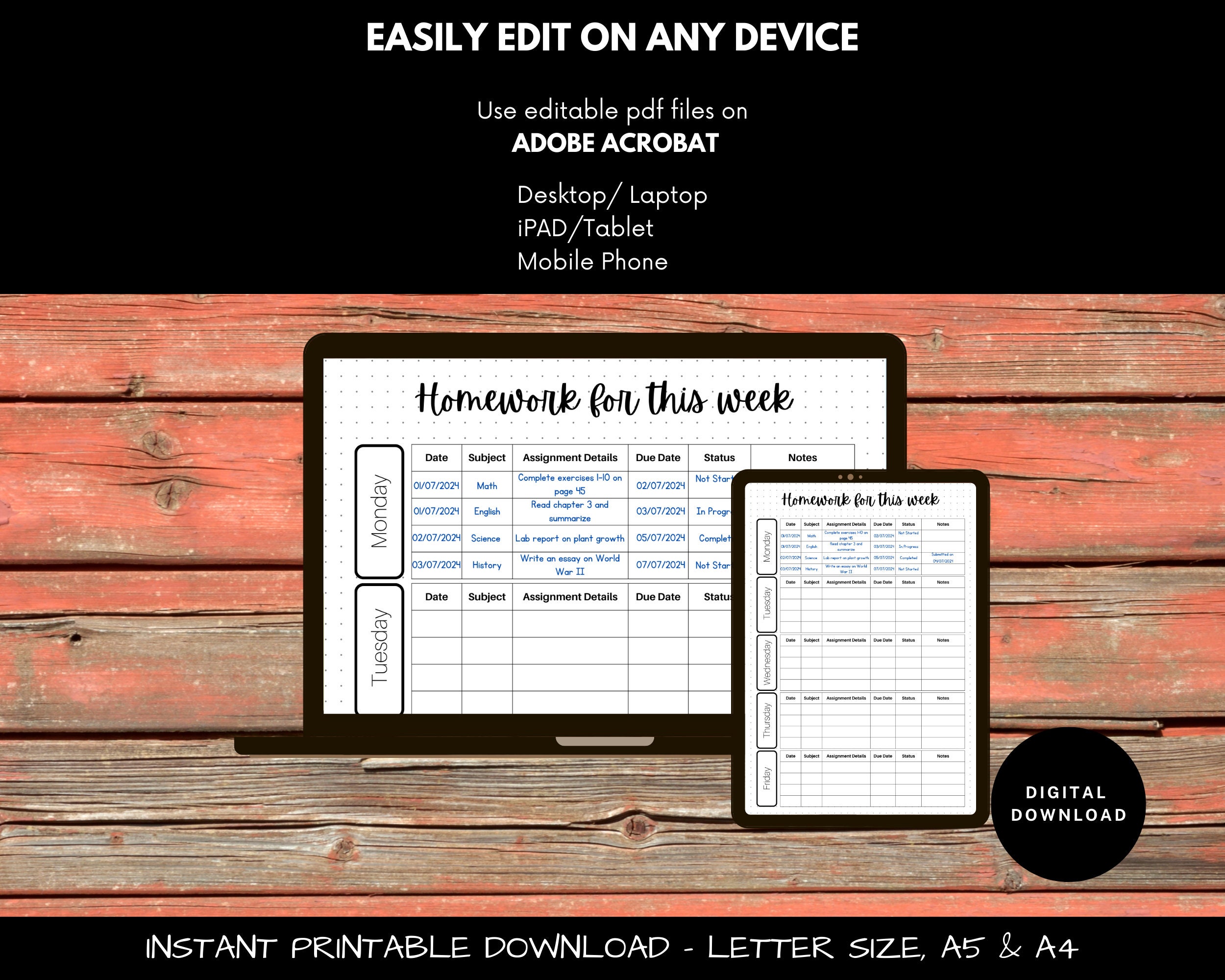 Printable Homework Tracker - Student Planner, Journal Page - Weekly ...