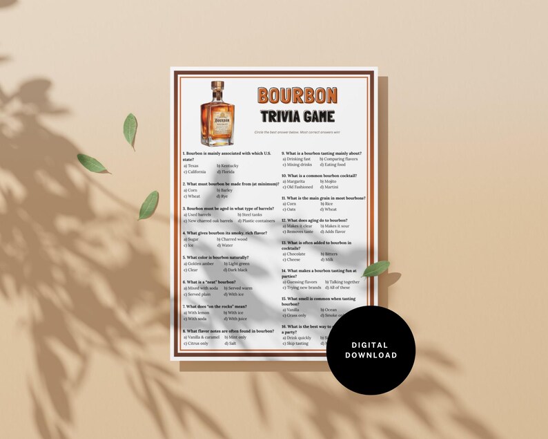 Bourbon Trivia Game Printable for Adults - Whiskey Tasting Game ...