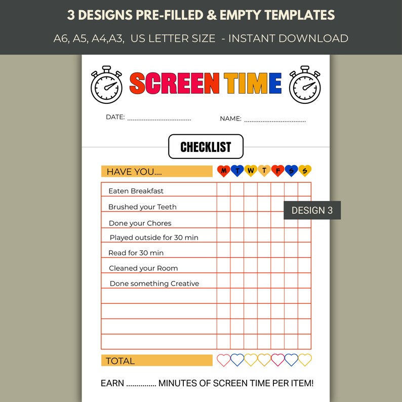 Screen Time Chart Checklist, Editable Printable Screen Time Task Chart ...