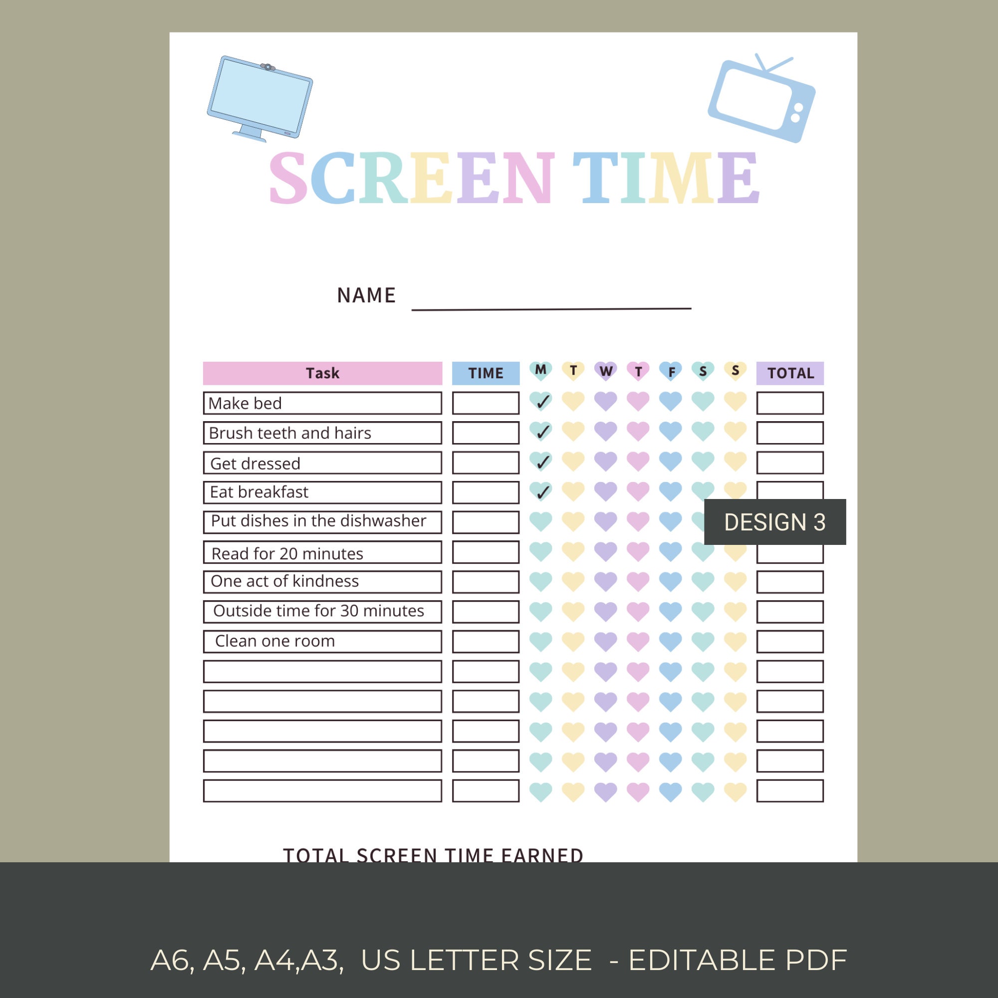 Screen Time Chart Checklist, Editable Printable Screen Time Task Chart ...