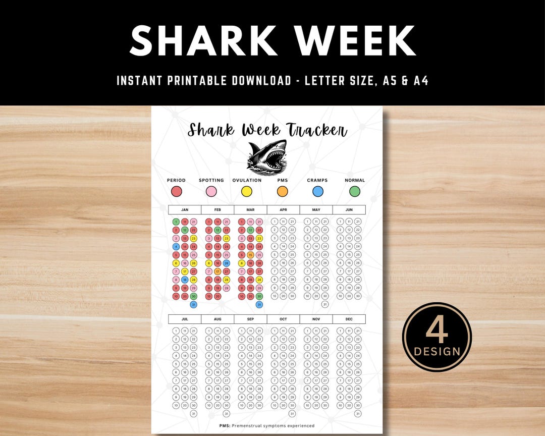 Shark Week Period Tracker Printable - Menstrual Cycle and Ovulation Log ...