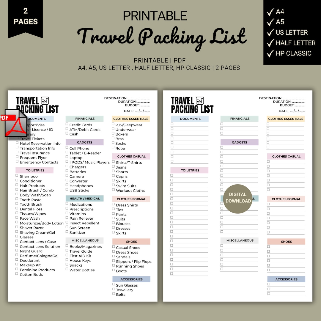 Travel Packing List Printable - Instant Download for Efficient Vacation ...
