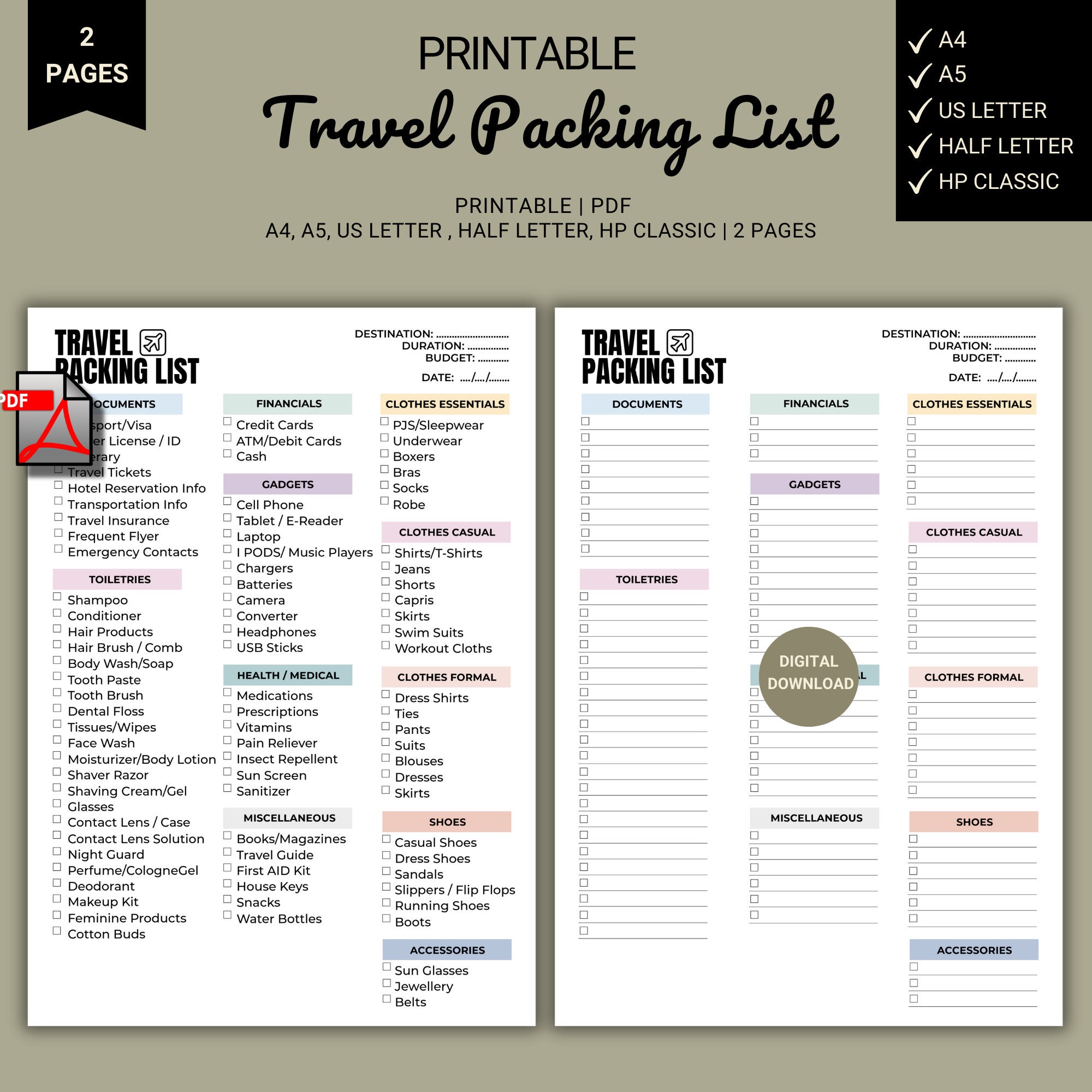 Travel Packing List Printable Instant Download for Efficient Vacation ...