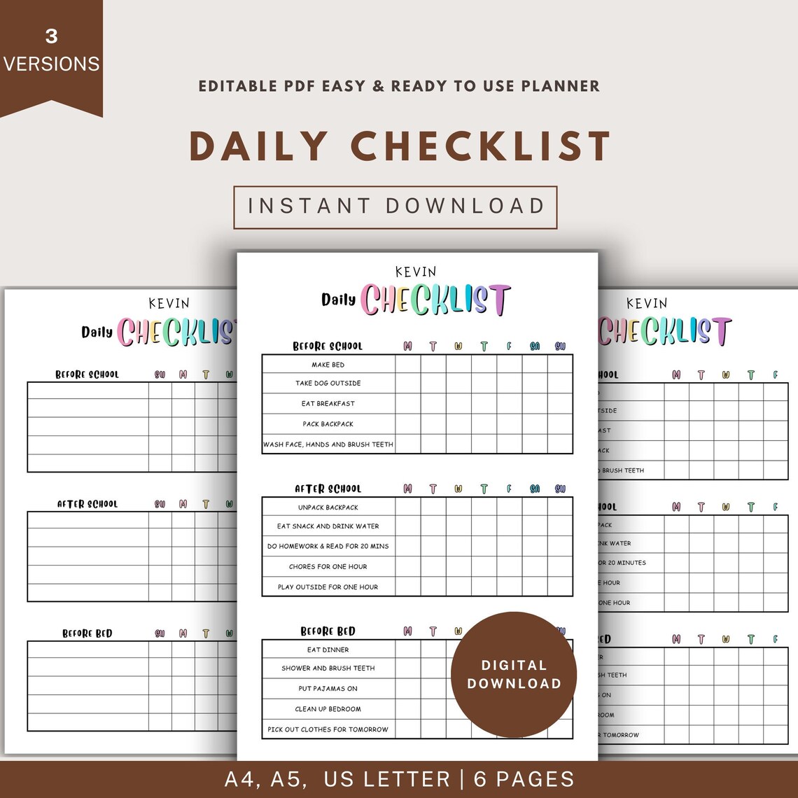 Editable Daily Checklist for Kids, Printable Chore Chart for Kids ...