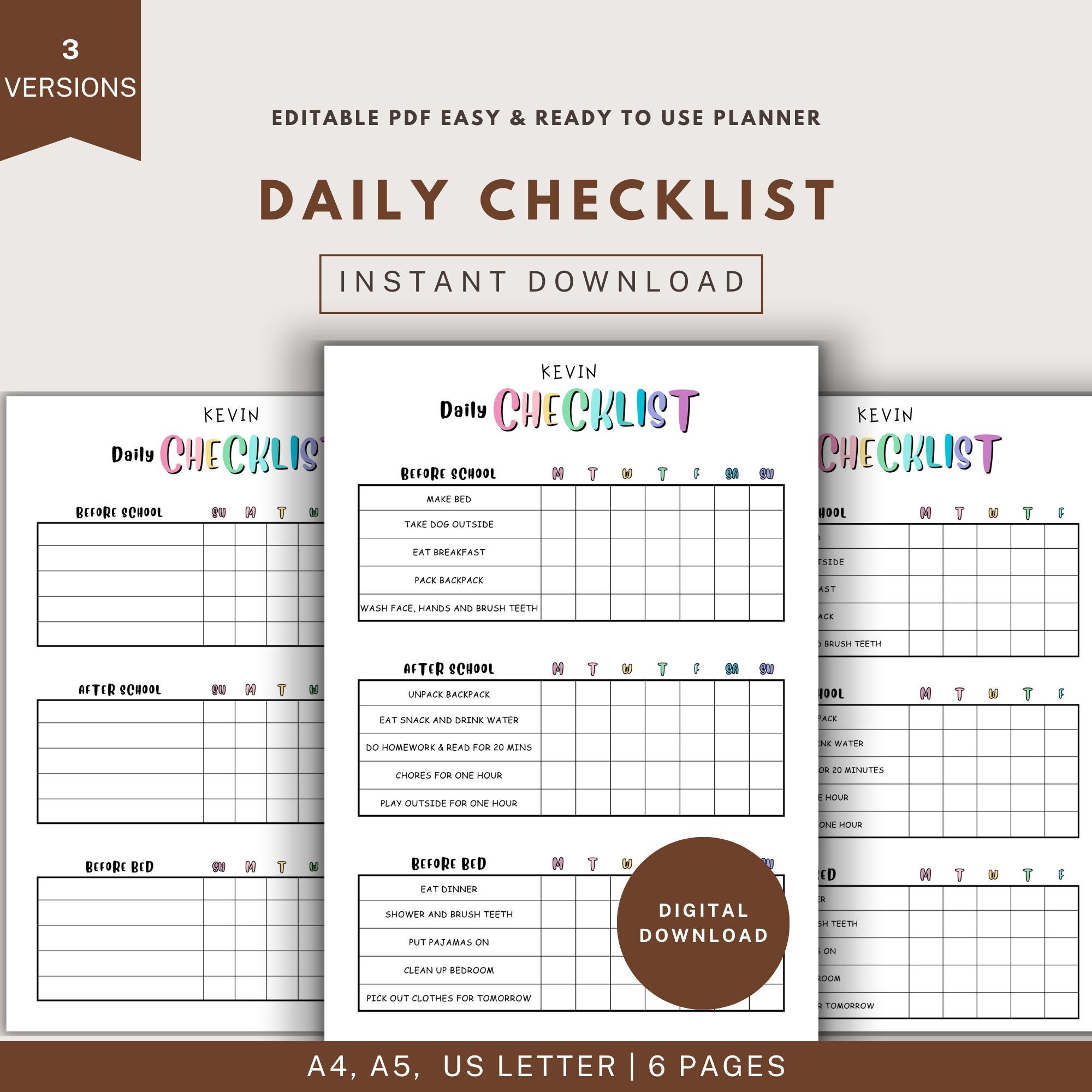 Editable Daily Checklist for Kids, Printable Chore Chart for Kids ...