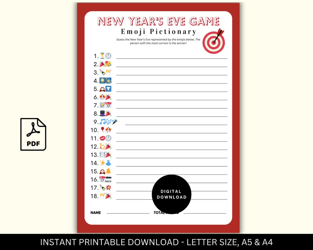 New Year's Eve Emoji Pictionary Game | Fun NYE Party Game | Printable ...