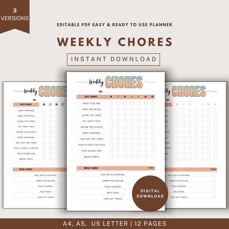 Chore Chart, Printable, Editable Daily and Weekly Chore Sheets Tasks ...