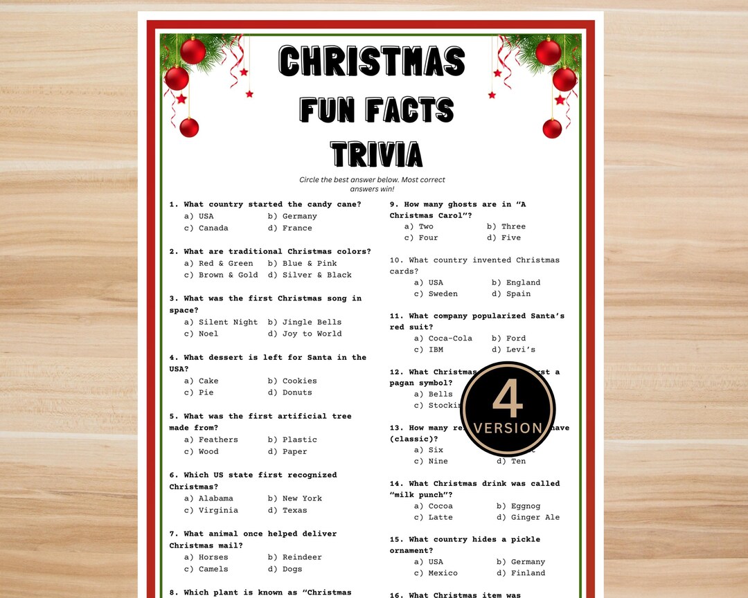 Christmas Fun Facts Trivia Game Printable, Holiday Quiz for Kids Adults ...