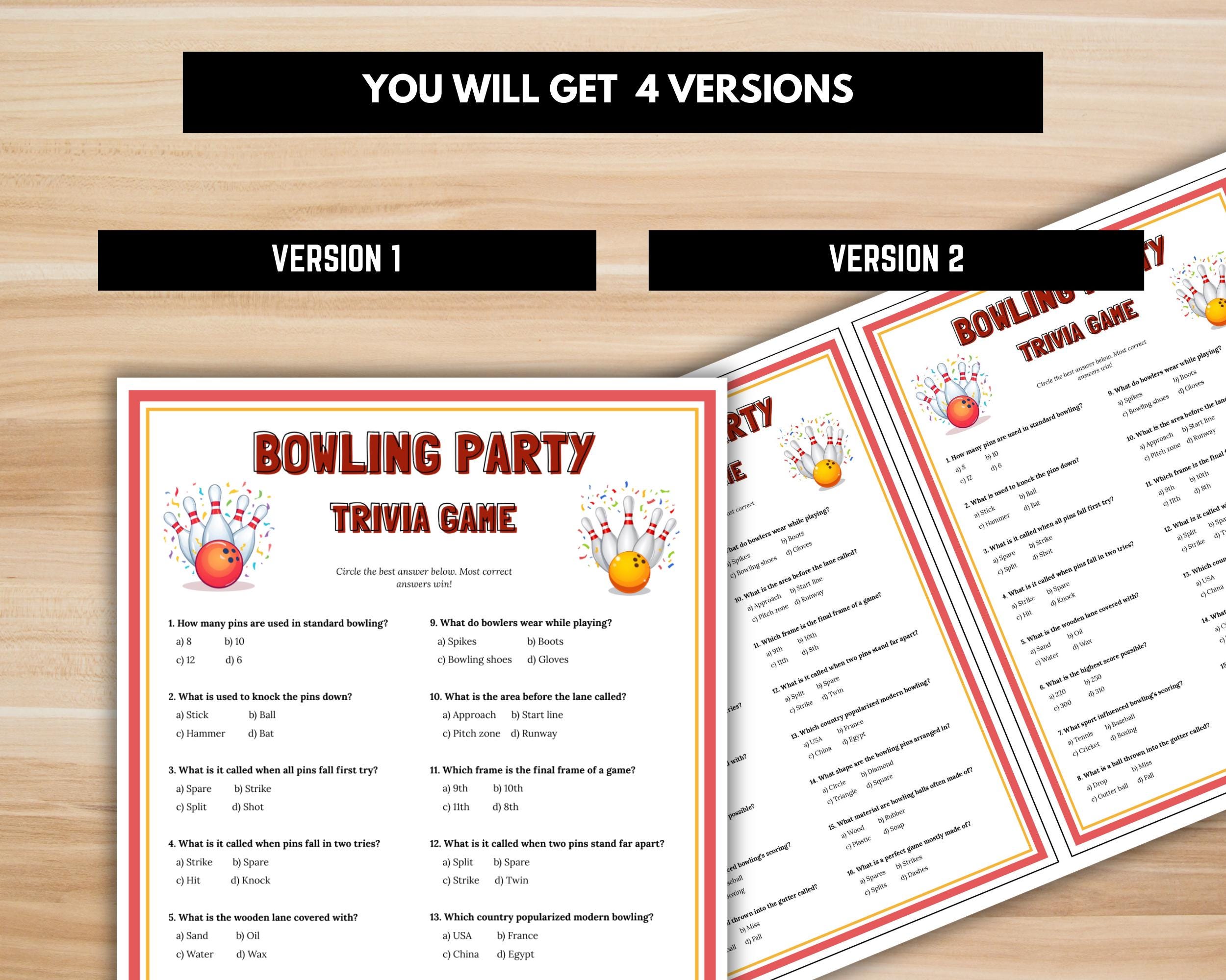 Bowling Party Trivia Game, Printable Bowling Birthday Game, Sports ...