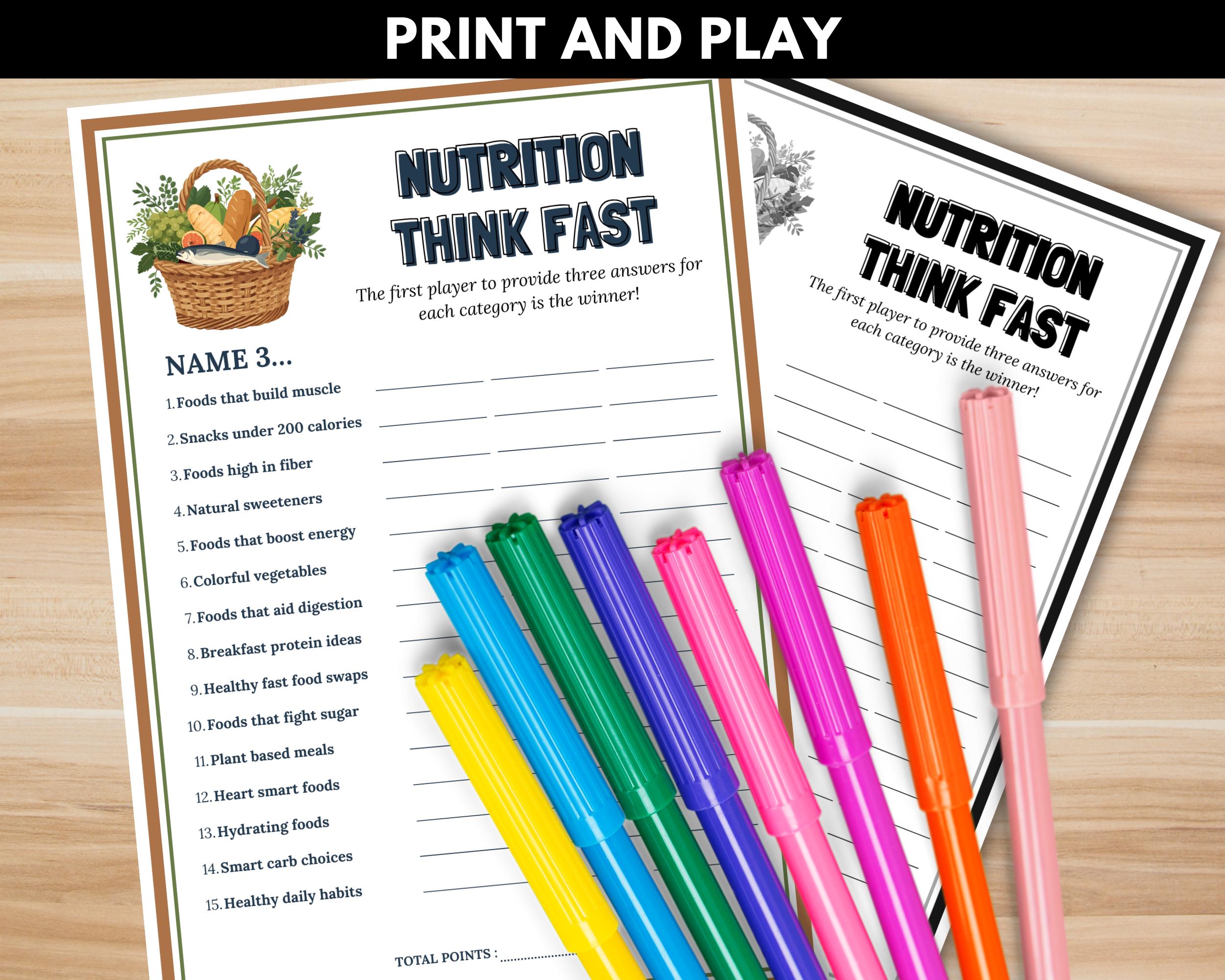 Nutrition Think Fast Game Printable, Healthy Eating Trivia Game for ...
