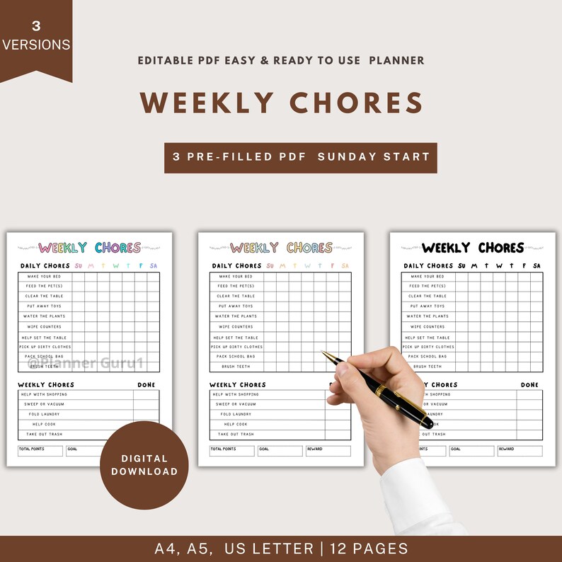 Editable Chore Chart for Kids, Daily & Weekly Chore Chart for Teens ...