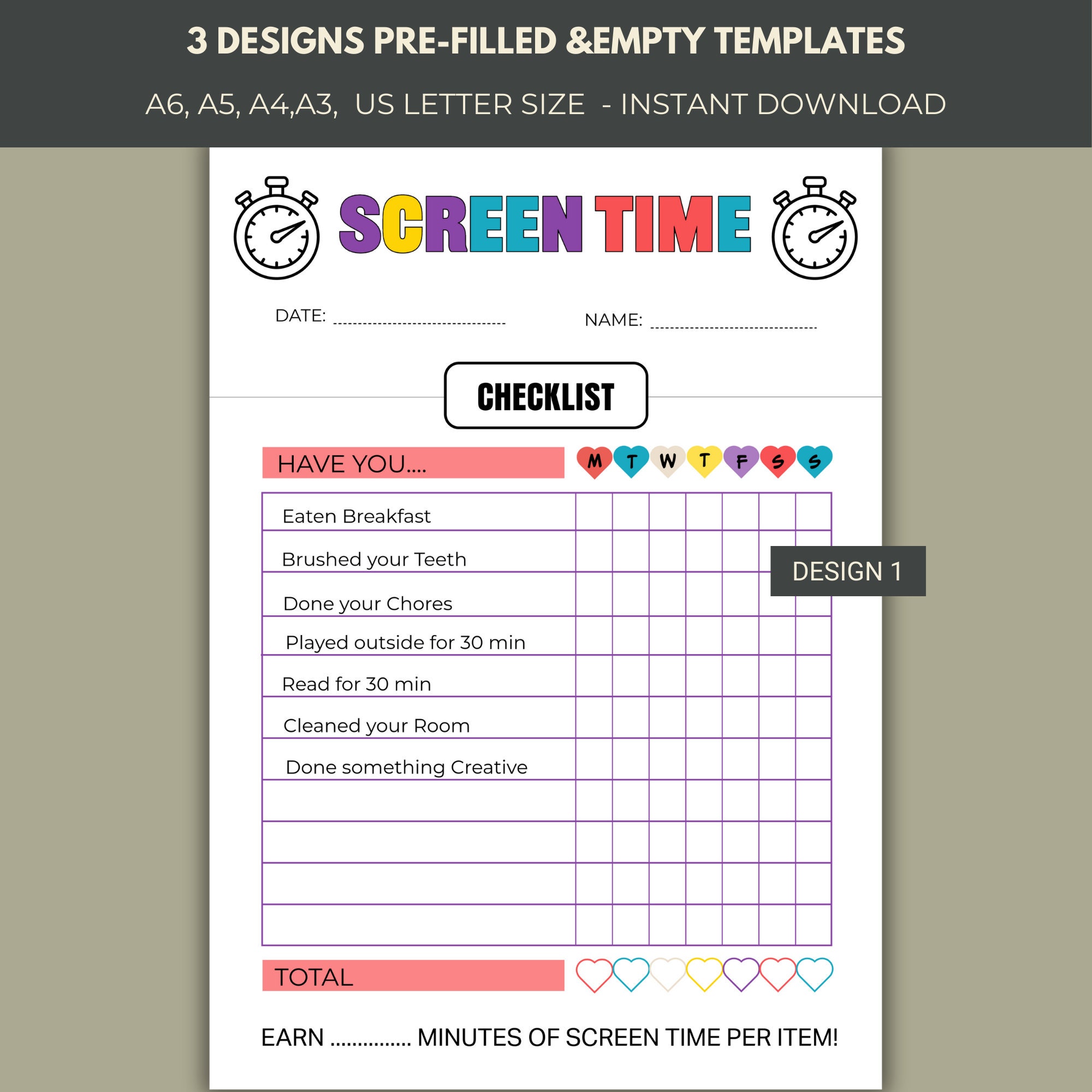 Screen Time Chart Checklist, Editable Printable Screen Time Task Chart ...