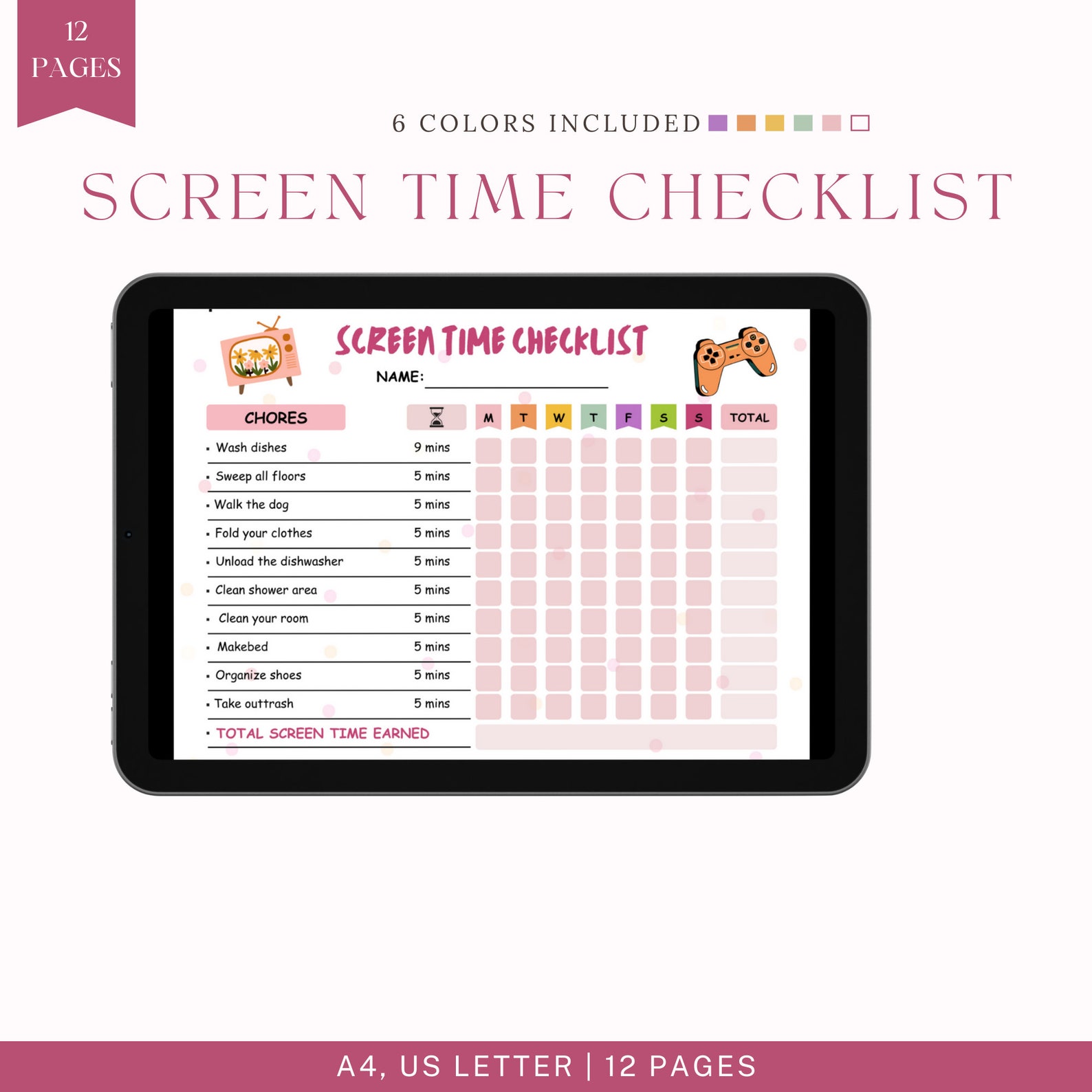 Editable Screen Time Chore Chart Printable, Screen Time Chart Checklist, Screen Time Tracker ...