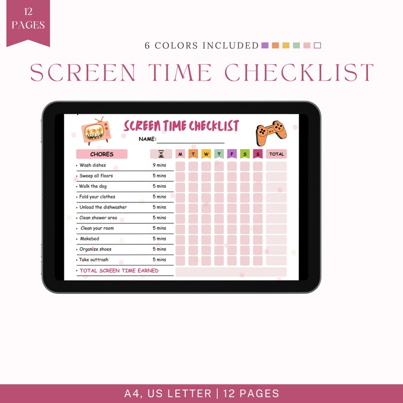 Editable Screen Time Chore Chart Printable, Screen Time Chart Checklist ...