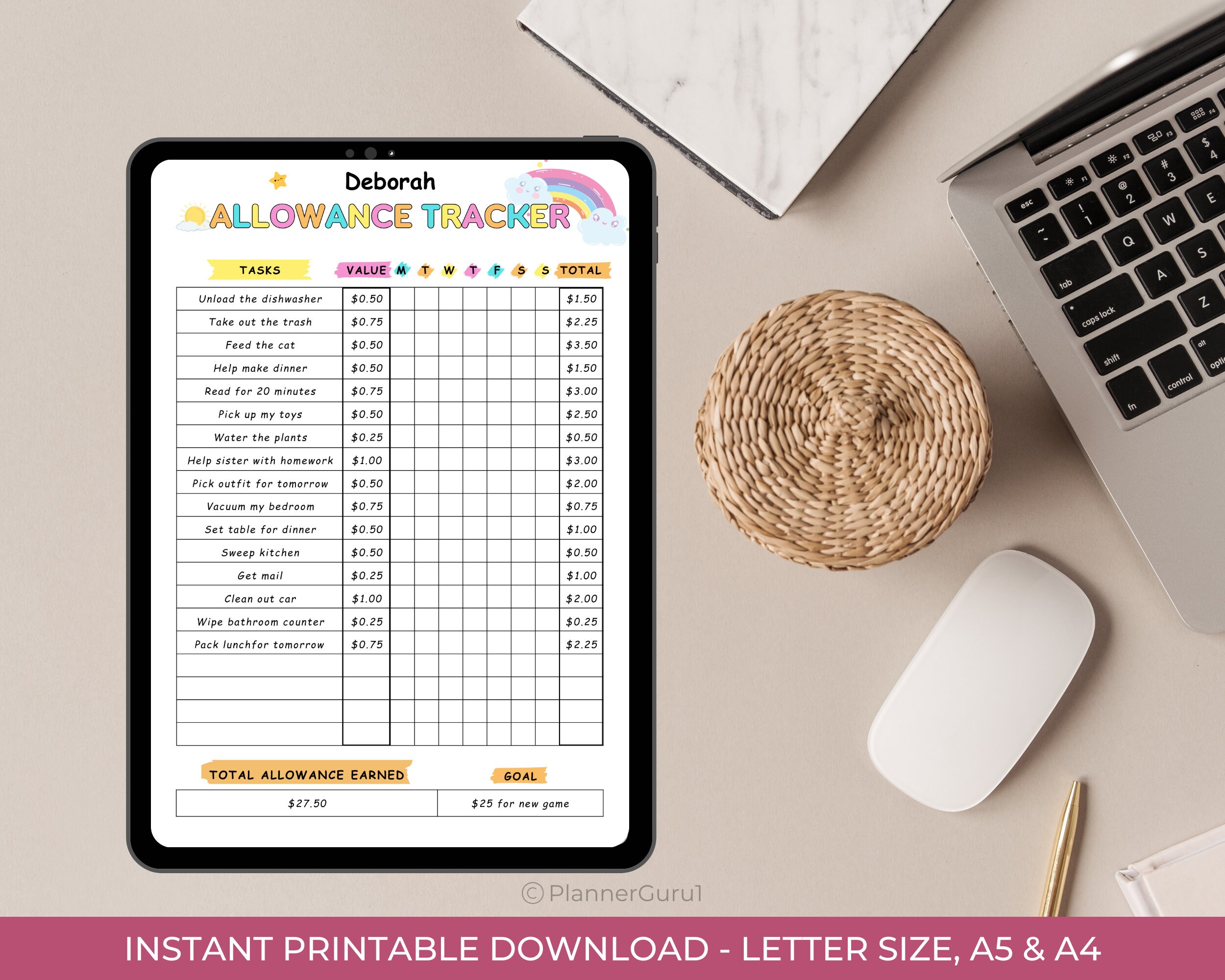Chore Chart for Kids, Allowance Tracker for Kids, Editable Chore Chart ...
