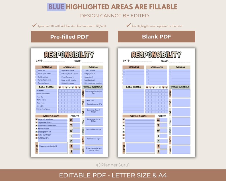 Editable Task Sheets for Kids | Printable | Daily Weekly Responsibility ...