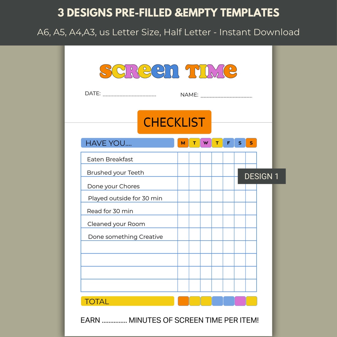Editable Screen Time Chore Chart Printable, Screen Time Chart Checklist, Screen Time Tracker ...