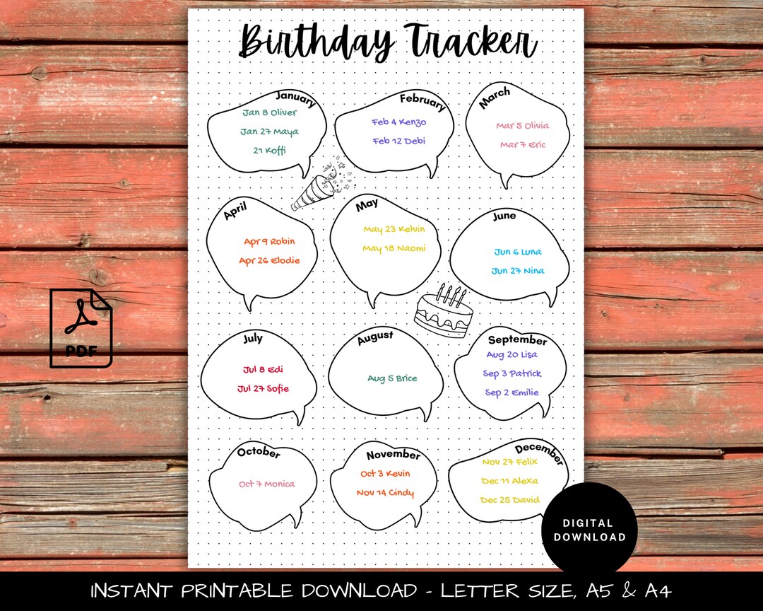 Printable Birthday Tracker Journal - Birthday Calendar & Reminder Page ...