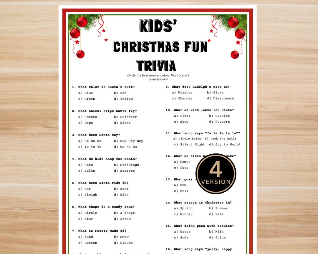Kids Christmas Fun Trivia Game Printable, Holiday Classroom Activity ...