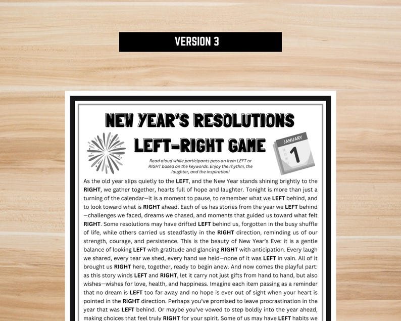New Year's Resolutions Left Right Game, Printable New Year Party Game ...
