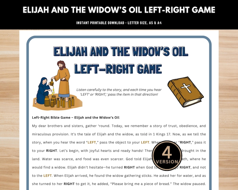 Elijah and the Widow’s Oil Left Right Game | Printable Bible Story Game ...