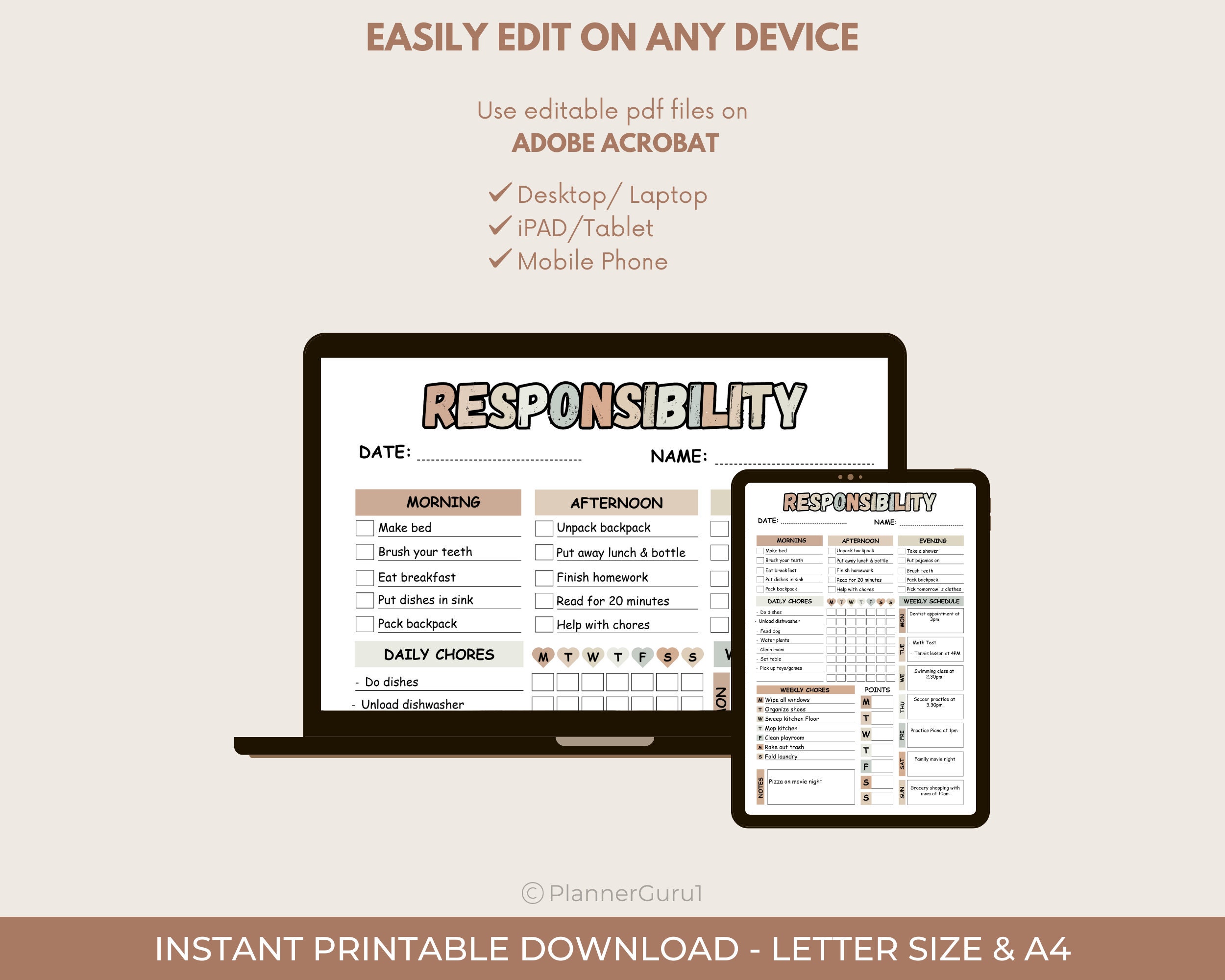 Editable Task Sheets for Kids | Printable | Daily Weekly Responsibility ...