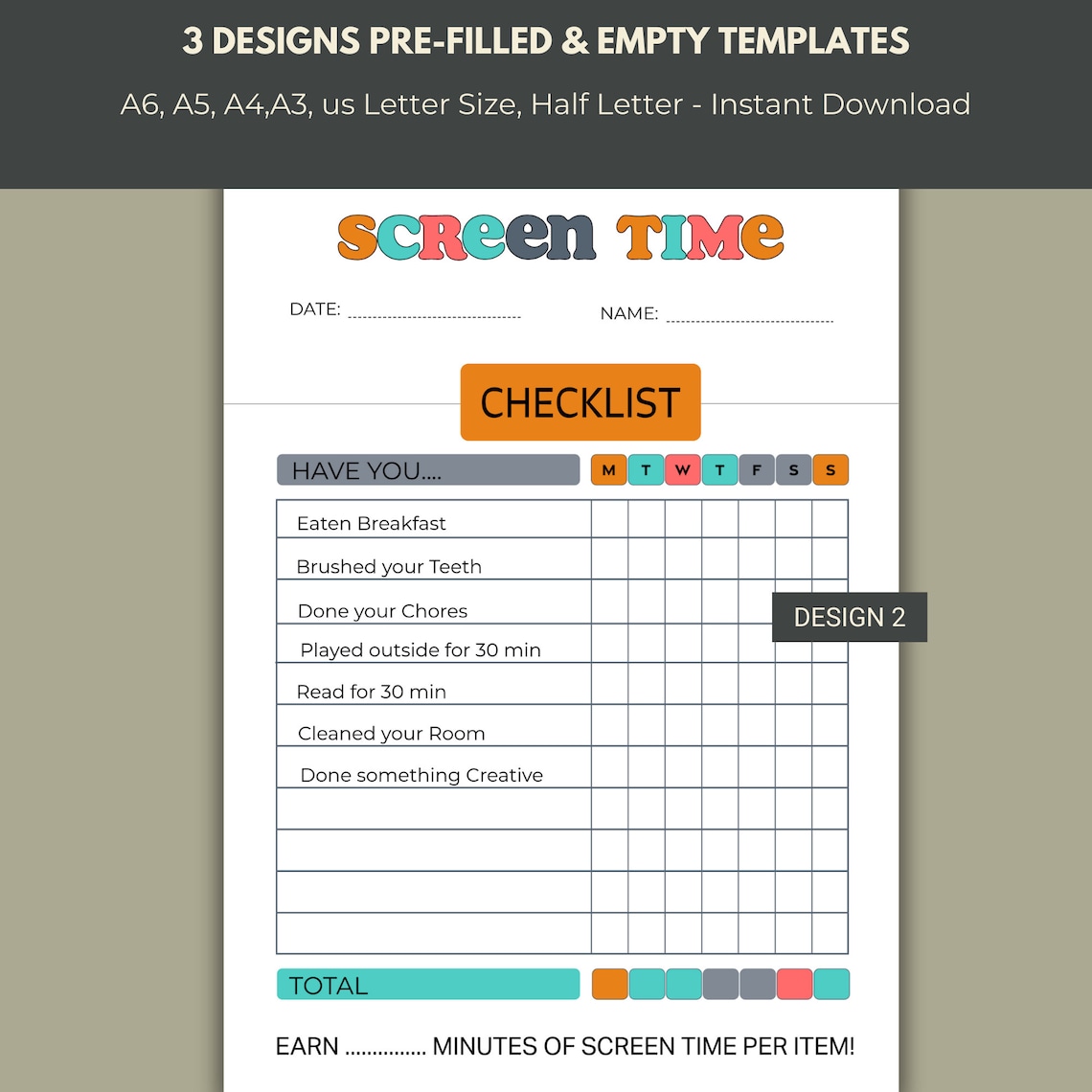 Editable Screen Time Chore Chart Printable, Screen Time Chart Checklist ...