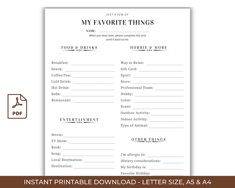 Favorites Survey | My Favorite Things | Co-worker Questionnaire ...
