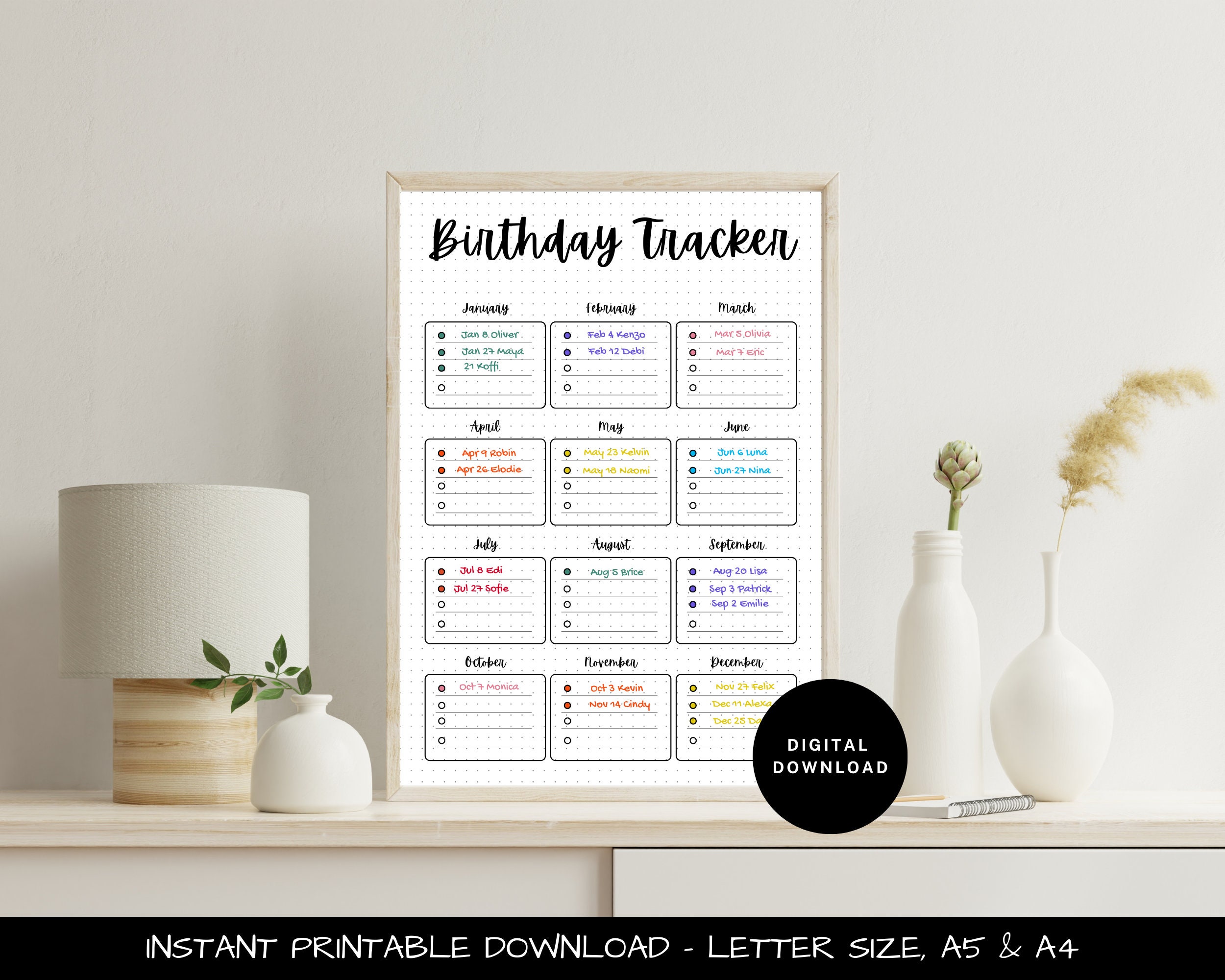 Birthday Calendar and Tracker PDF | Printable Birthday List and ...