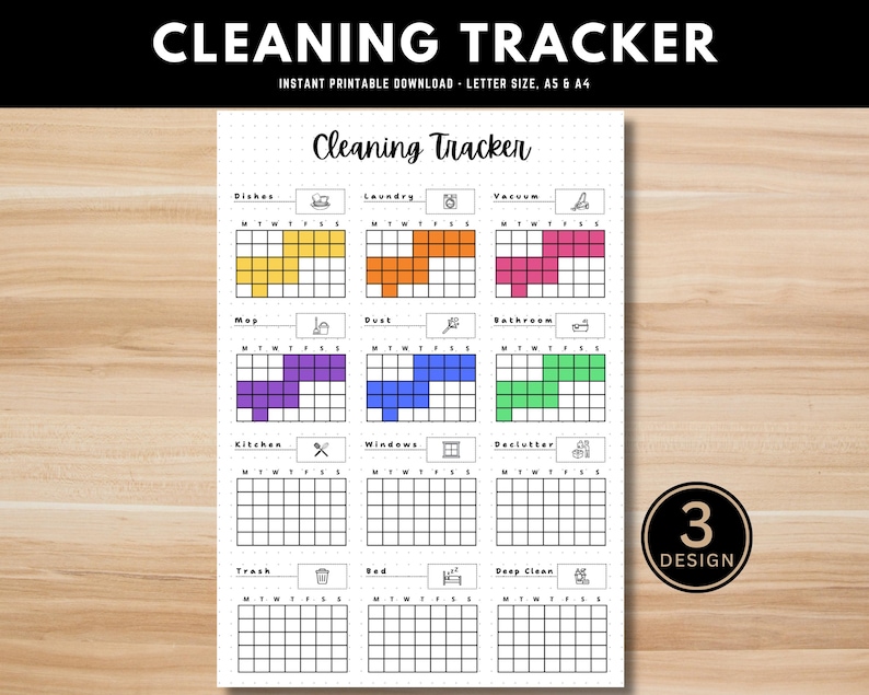 Cleaning Tracker Printable Chores List and Cleaning Log Bullet Journal Template Habit and Chore ...