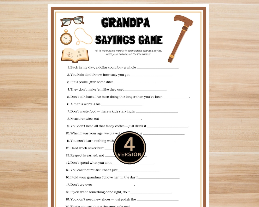 Grandpa Sayings Game | Funny Printable Baby Shower Game for Dads and ...