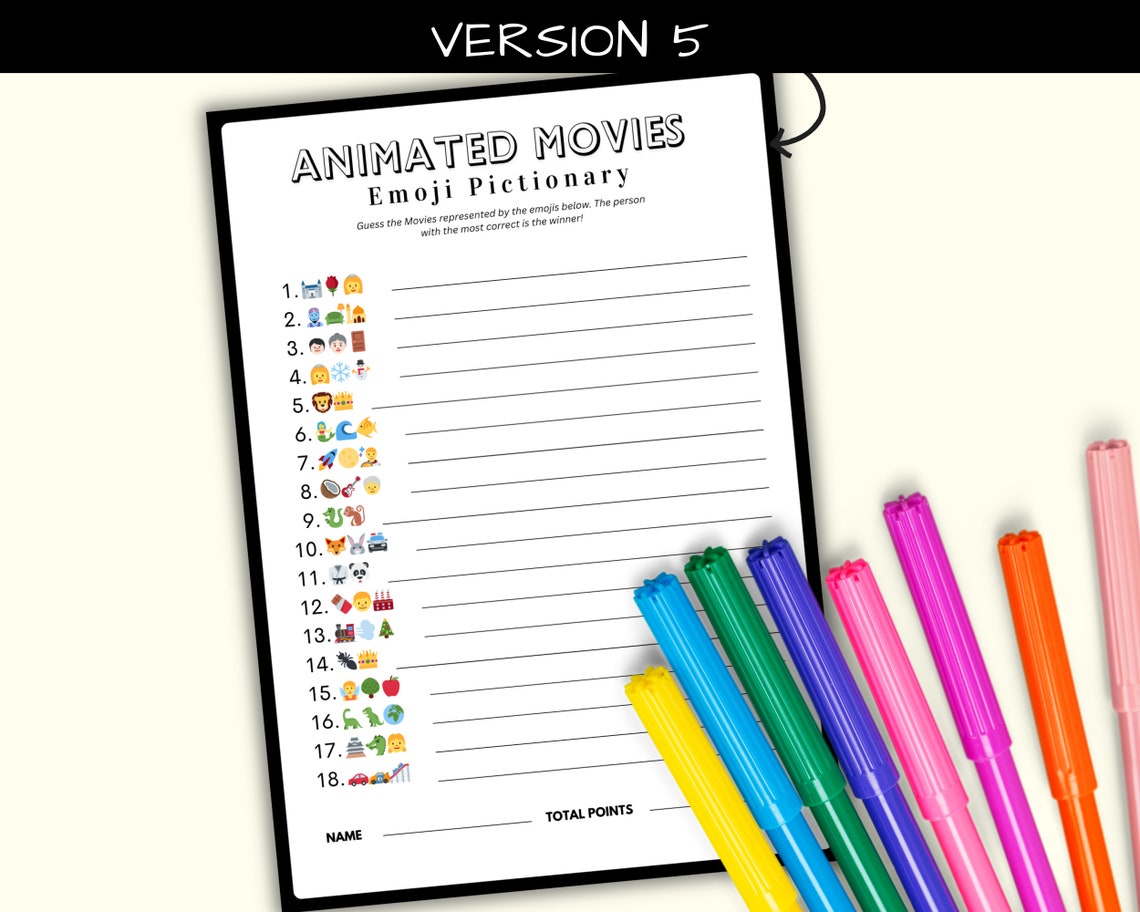 Animated Movies Emoji Pictionary Game - Fun Printable Party Game for ...