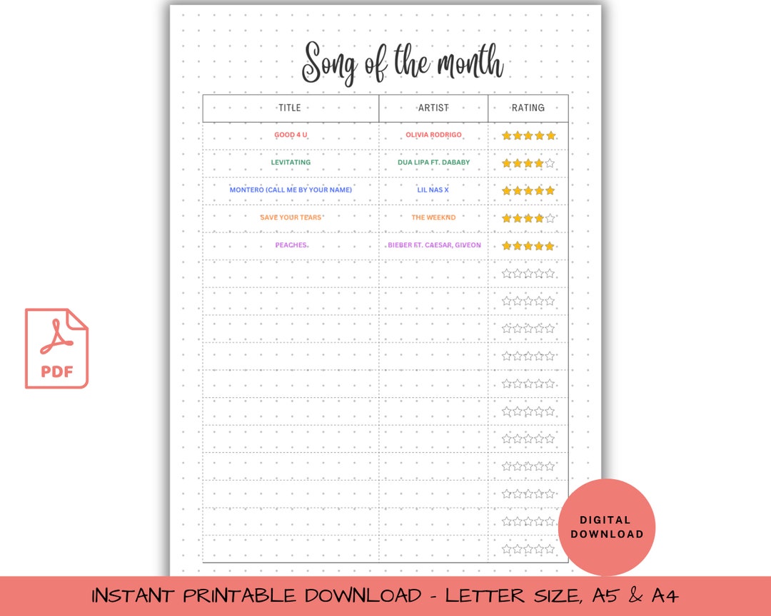Printable A5 Yearly Playlist Tracker Monthly Music Journal Page Song of ...