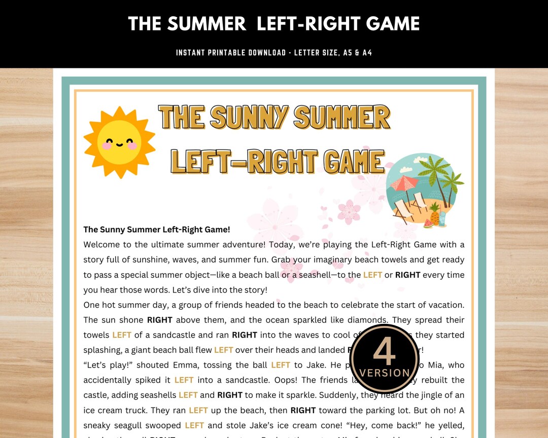 Summer Left Right Game | Fun Summer Party Game | Printable Pass the ...