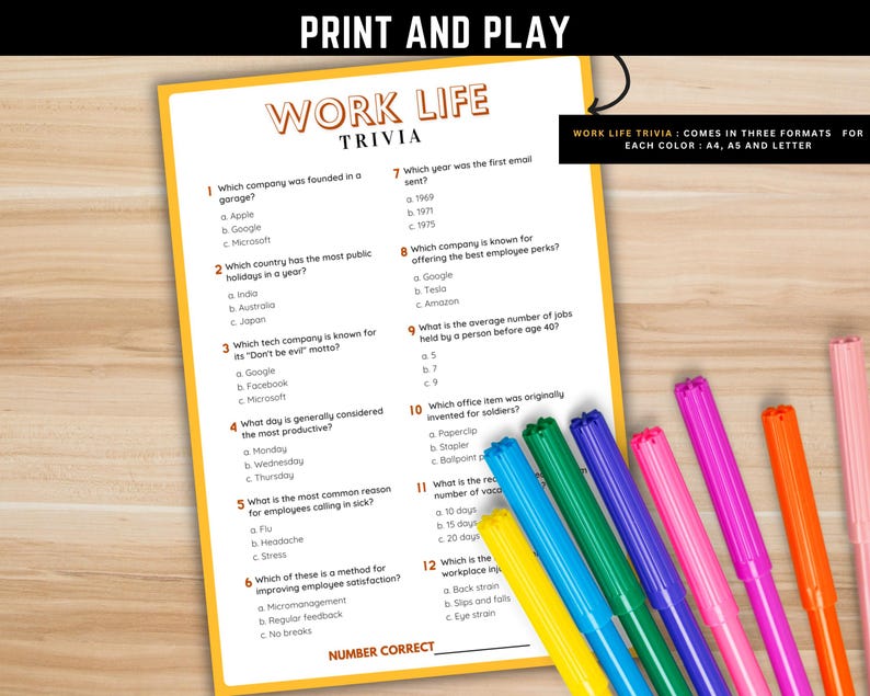 Work Trivia Game | Office Party Game | Printable Work Game for Team ...