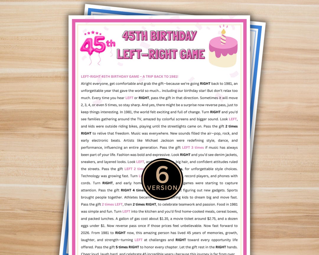 Printable 45th Birthday Left Right Game for Adults Born in 1981 - Etsy