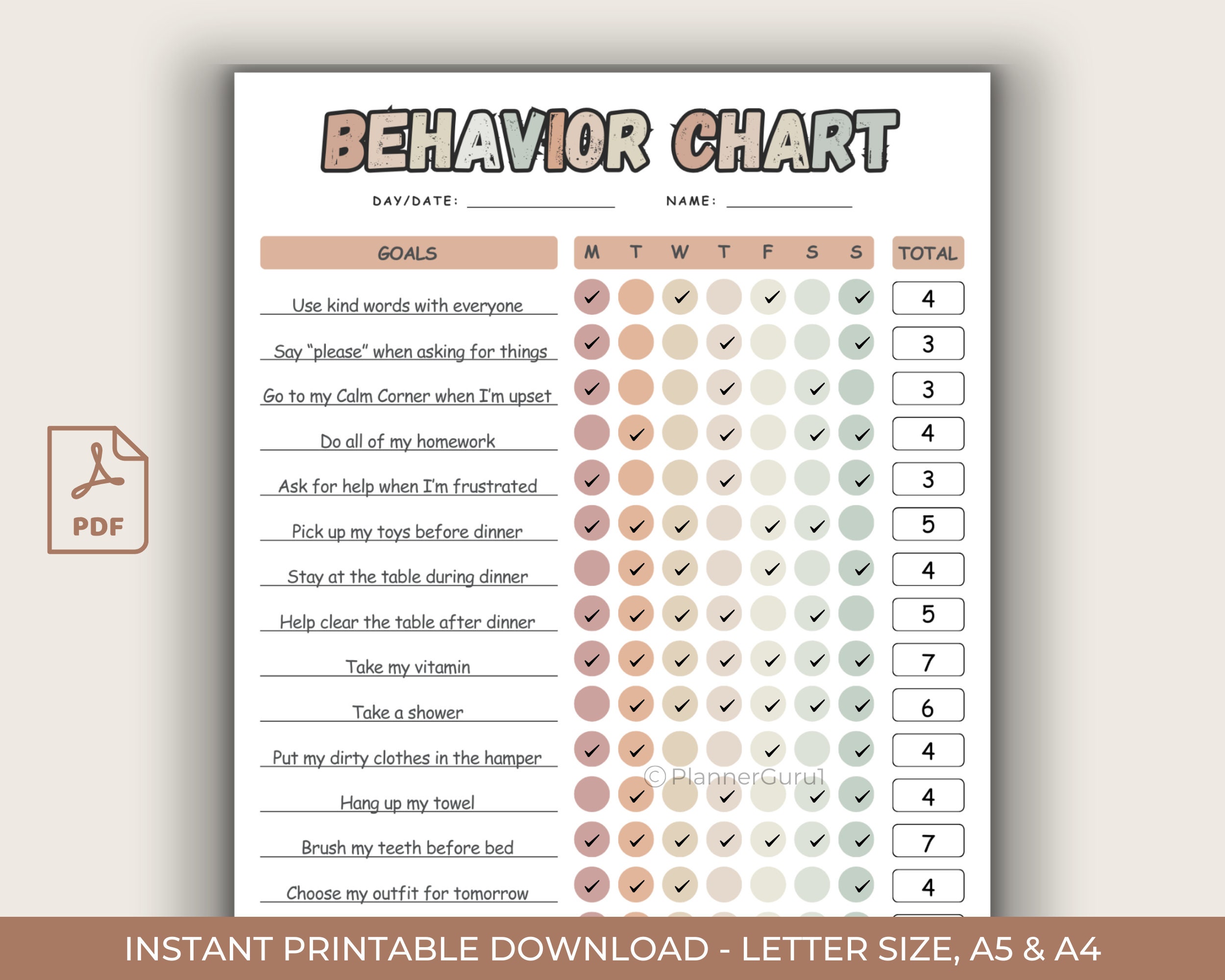 Kids Behavior & Chore Chart - Printable Daily Behavior Tracker - Reward ...