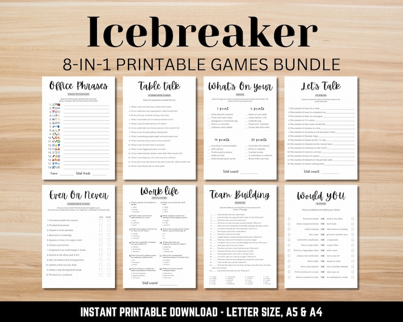Icebreaker Games Bundle Printable | Office Party, Dinner Conversation ...