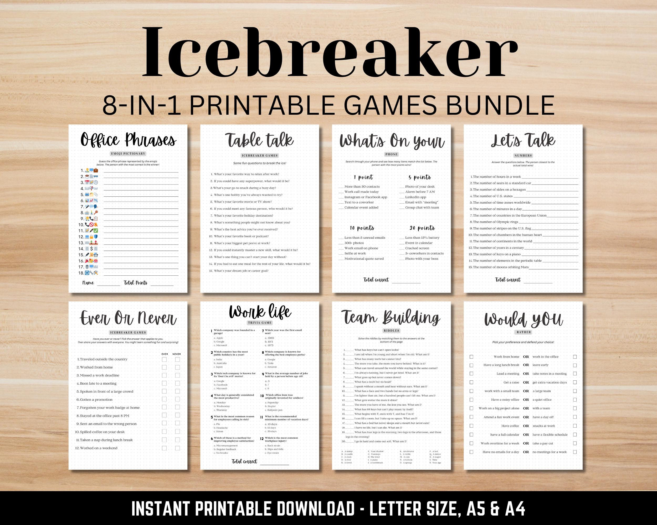 Icebreaker Games Bundle Printable | Office Party, Dinner Conversation ...