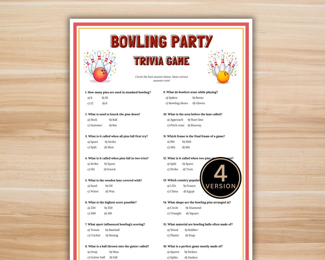 Bowling Party Trivia Game, Printable Bowling Birthday Game, Sports ...