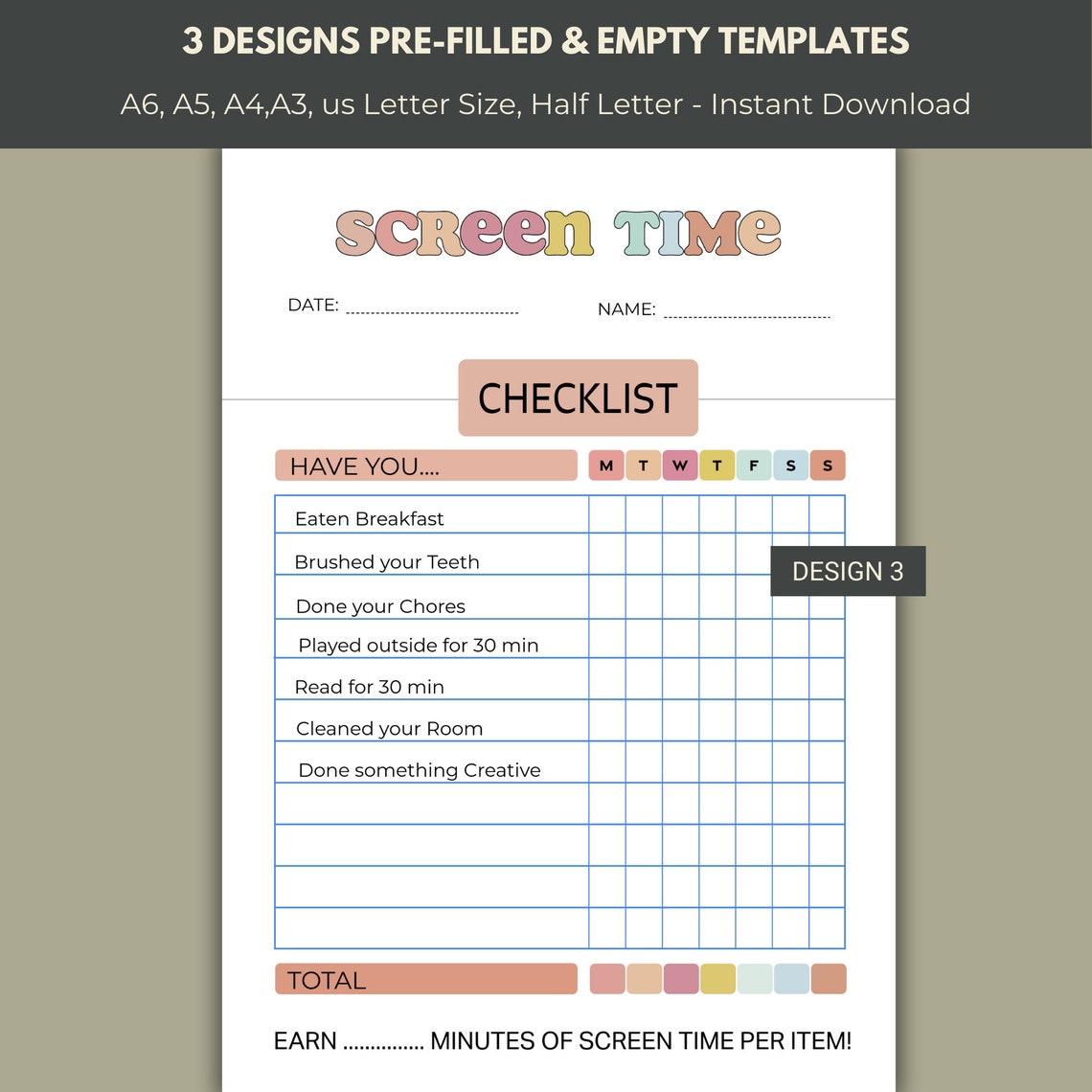 Editable Screen Time Chore Chart Printable, Screen Time Chart Checklist ...