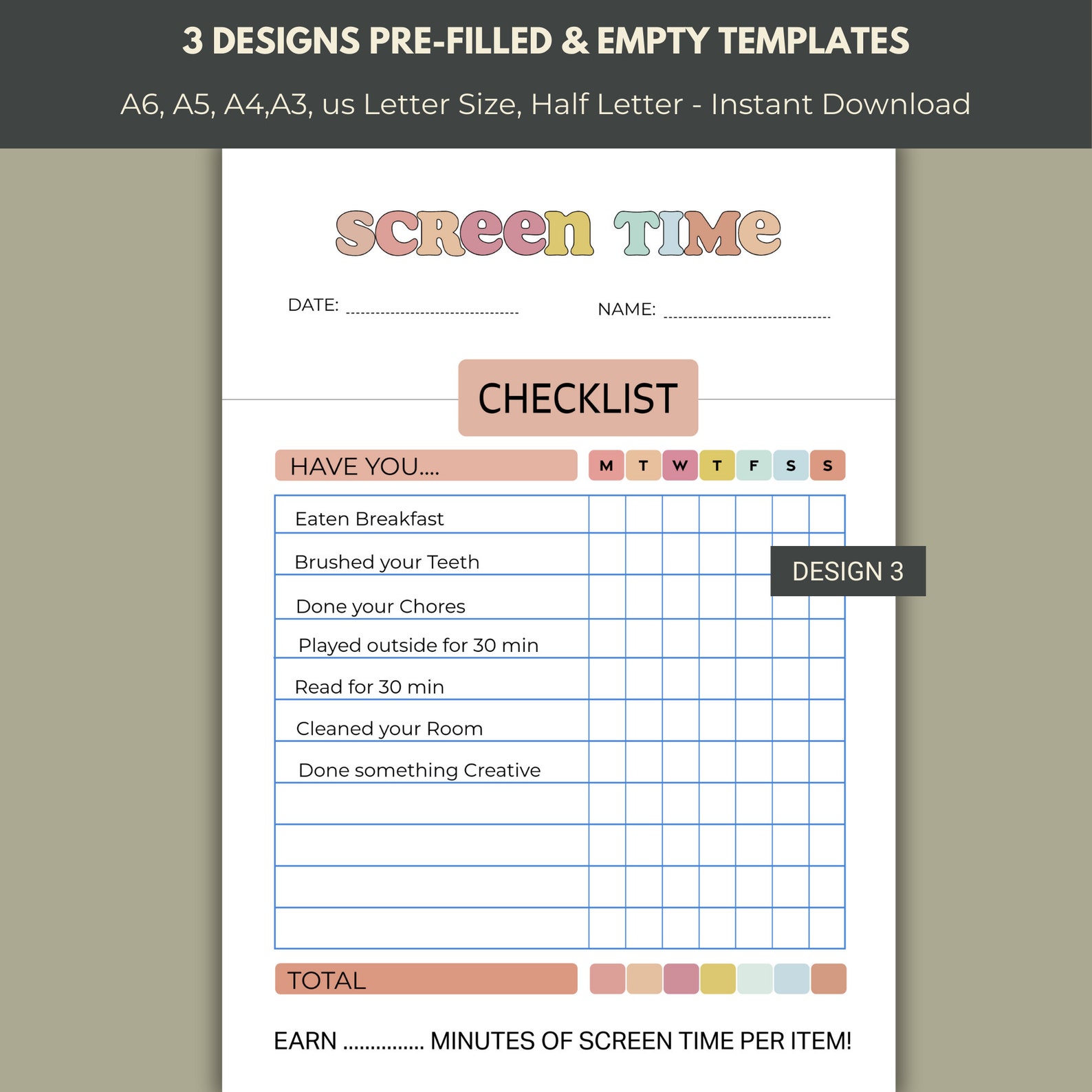 Editable Screen Time Chore Chart Printable, Screen Time Chart Checklist ...