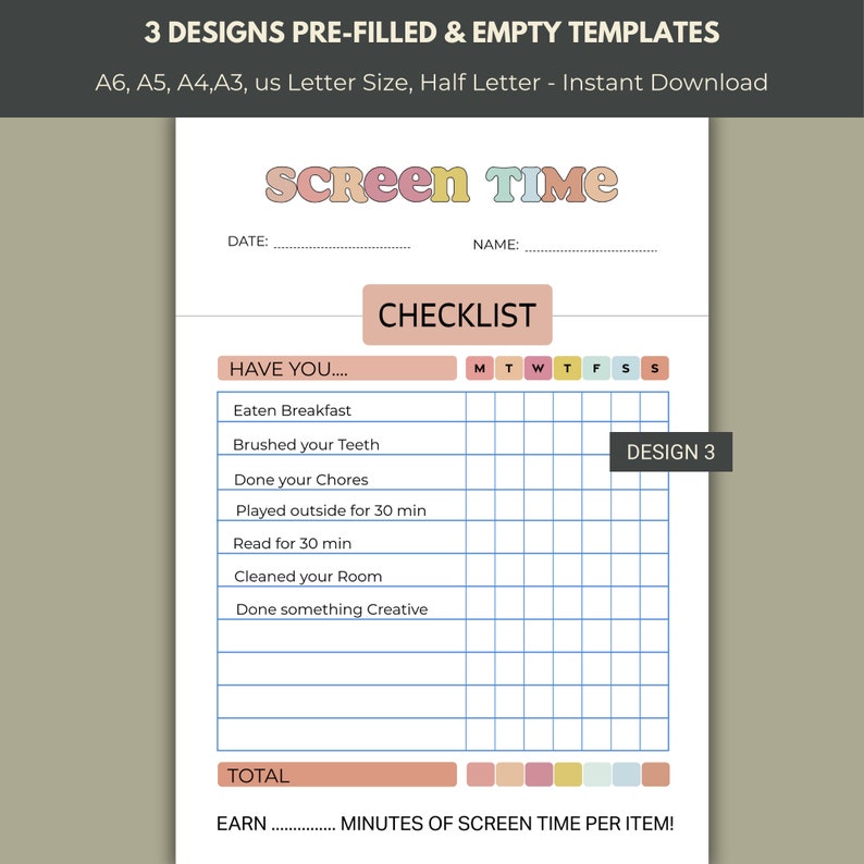 Editable Screen Time Chore Chart Printable, Screen Time Chart Checklist ...