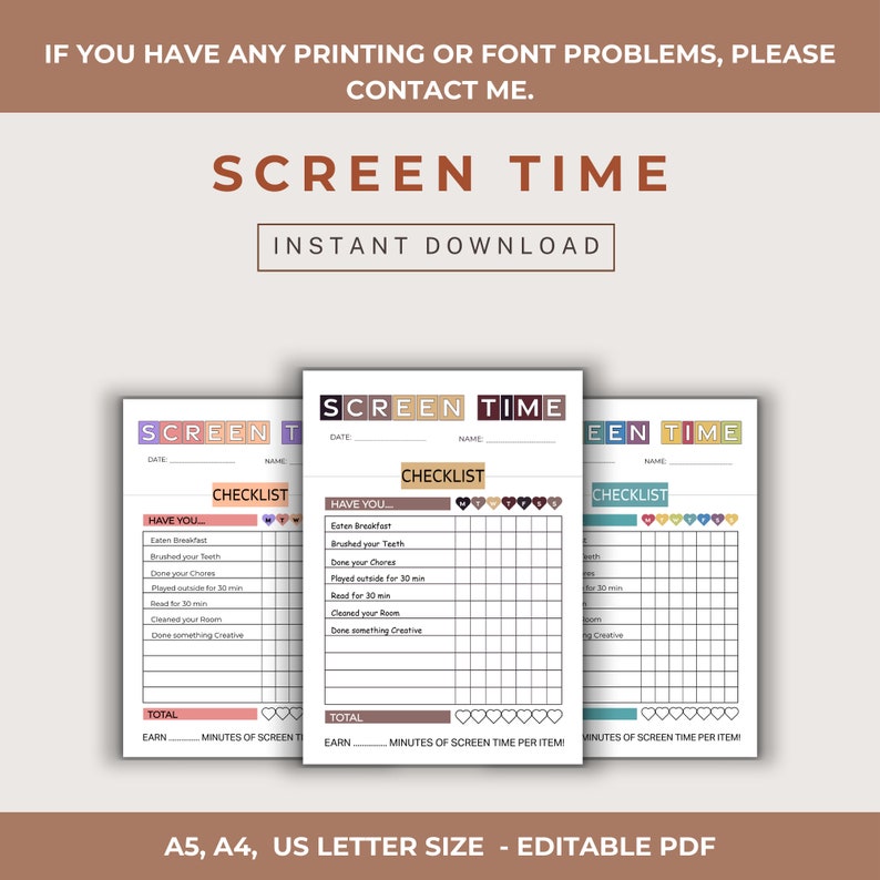 Editable Screen Time Chore Chart Printable, Screen Time Chart Checklist, Screen Time Tracker ...