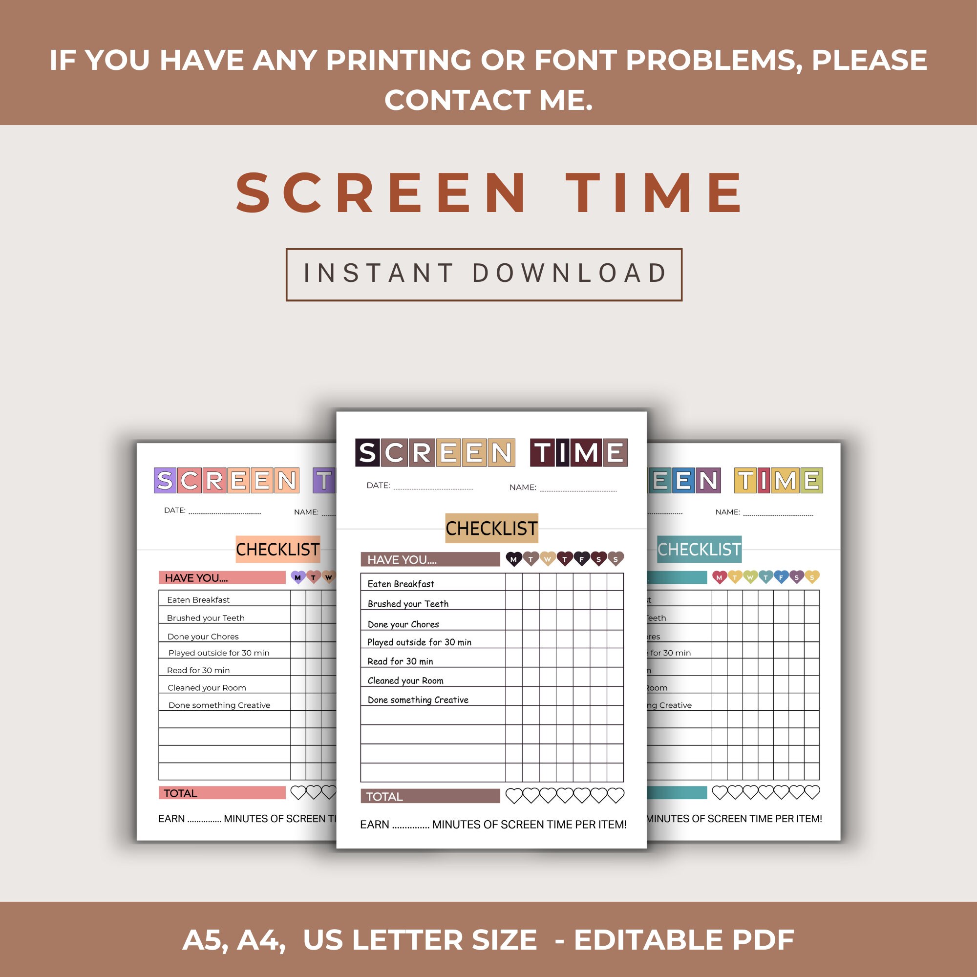 Editable Screen Time Chore Chart Printable, Screen Time Chart Checklist ...