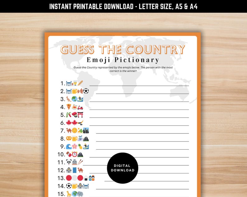 Guess the Country Emoji Pictionary | Printable Party Game | Family Fun ...