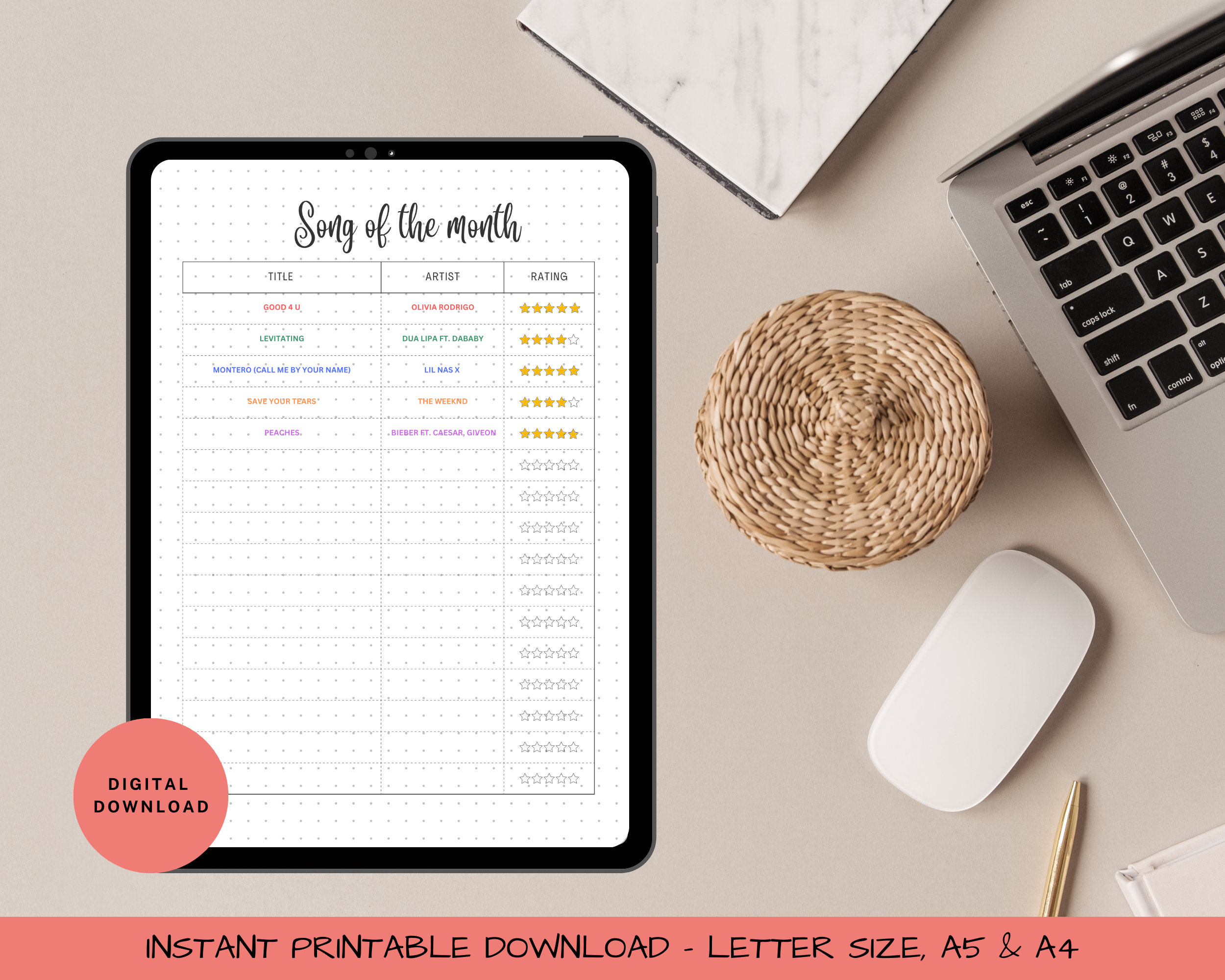 Printable A5 Yearly Playlist Tracker Monthly Music Journal Page Song of ...