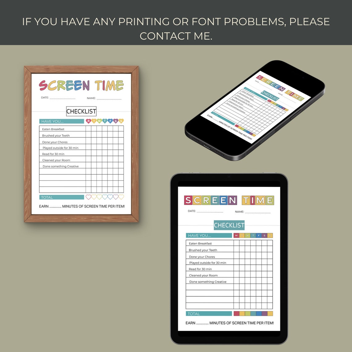Editable Screen Time Chore Chart Printable, Screen Time Chart Checklist, Screen Time Tracker ...