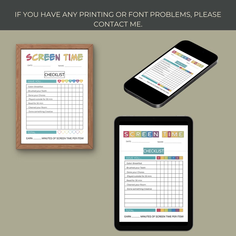 Editable Screen Time Chore Chart Printable, Screen Time Chart Checklist ...