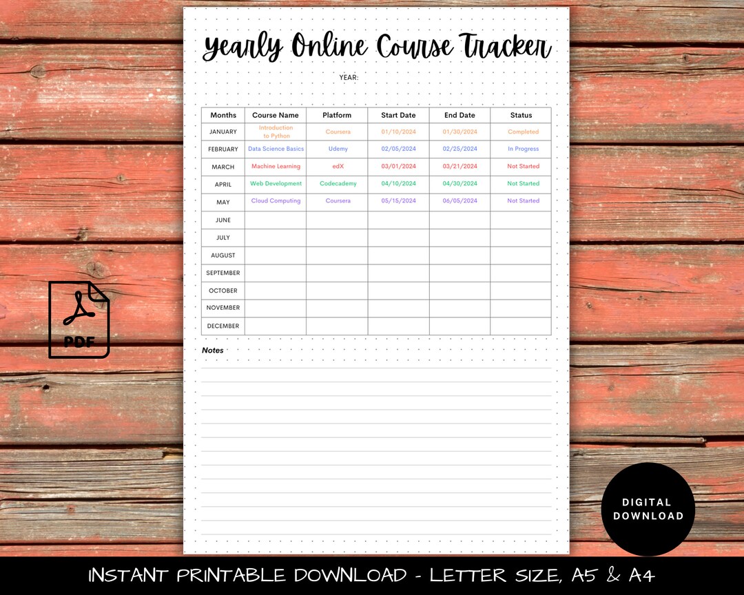 Yearly Online Course Tracker, Printable Tracker Template - Etsy